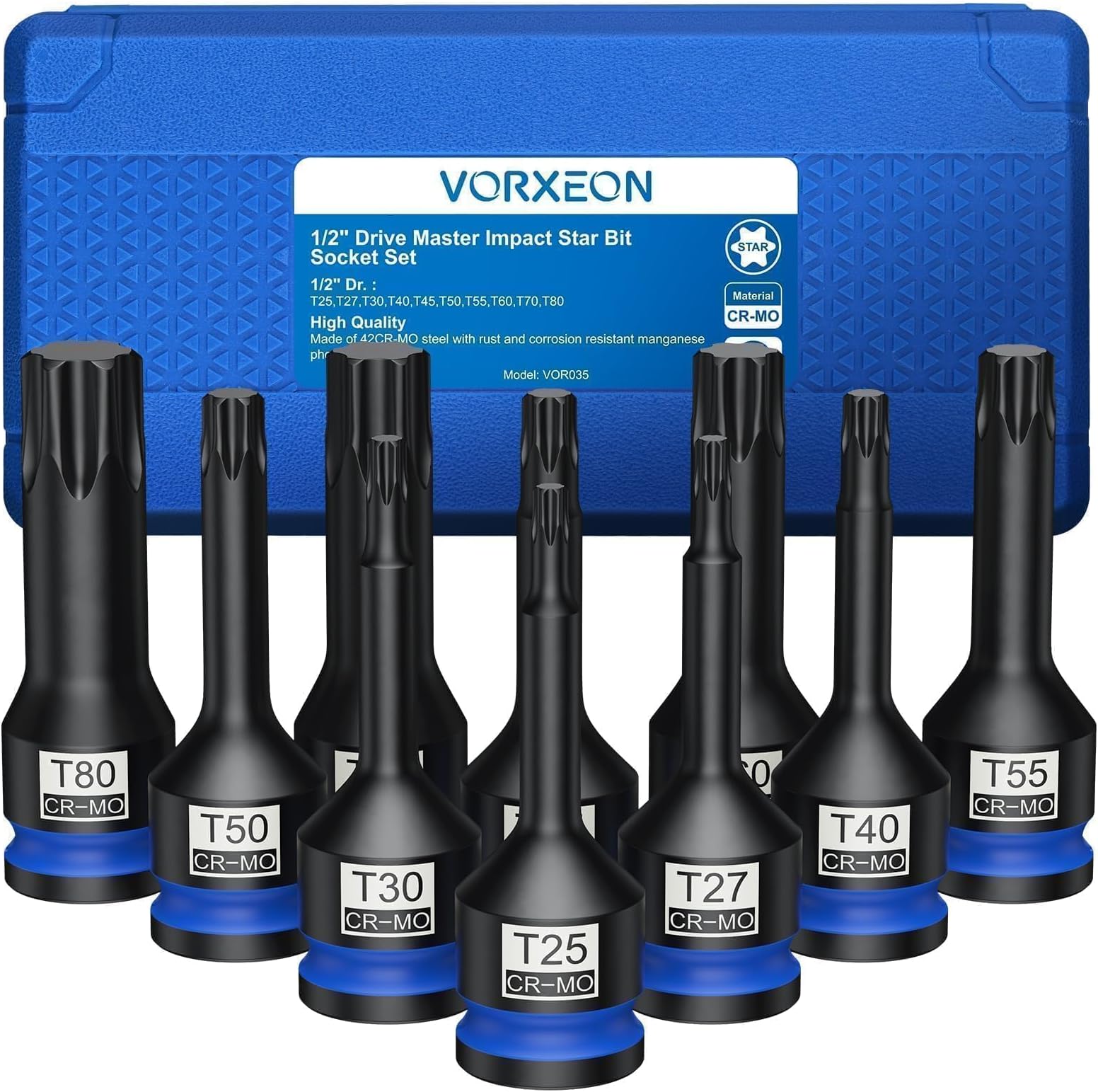 VORXEON 10Pcs 1/2" Drive Impact Star Bit Socket Set 42CRMO with Storage ...