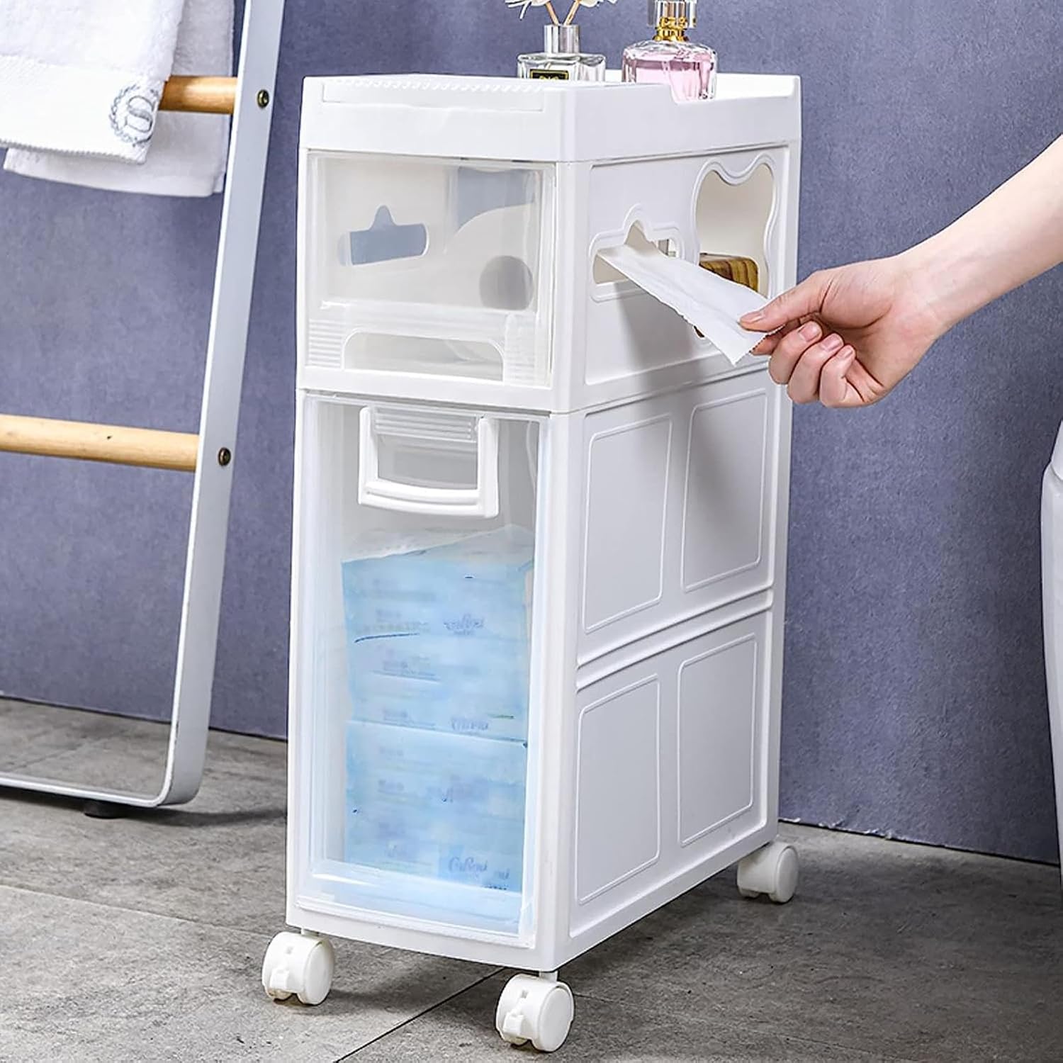 Slim Bathroom Floor Cabinet with 4 Plastic Drawers and Casters Vertical ...