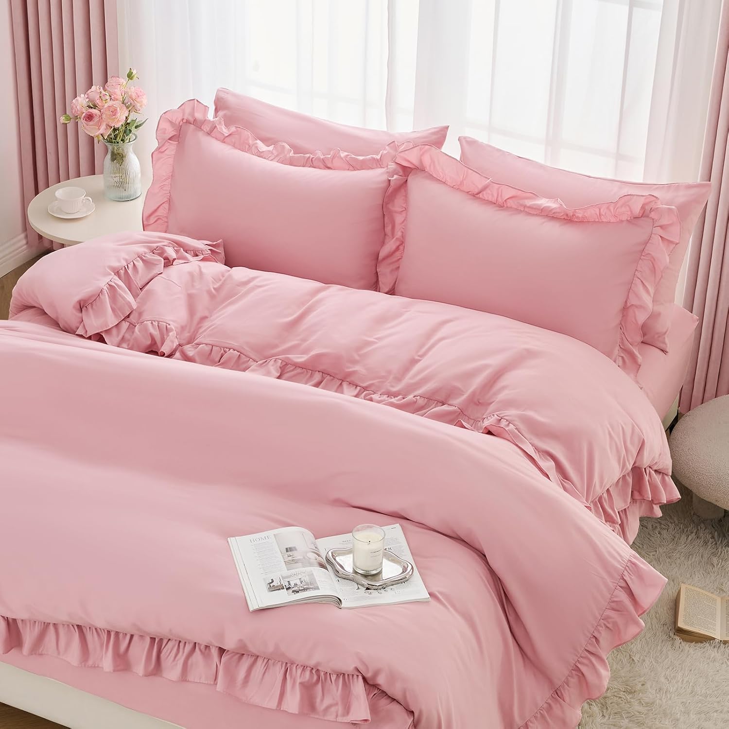 Amazon.com: Horbaunal 5 Pcs Pink Ruffle Duvet Cover Full Size Soft ...
