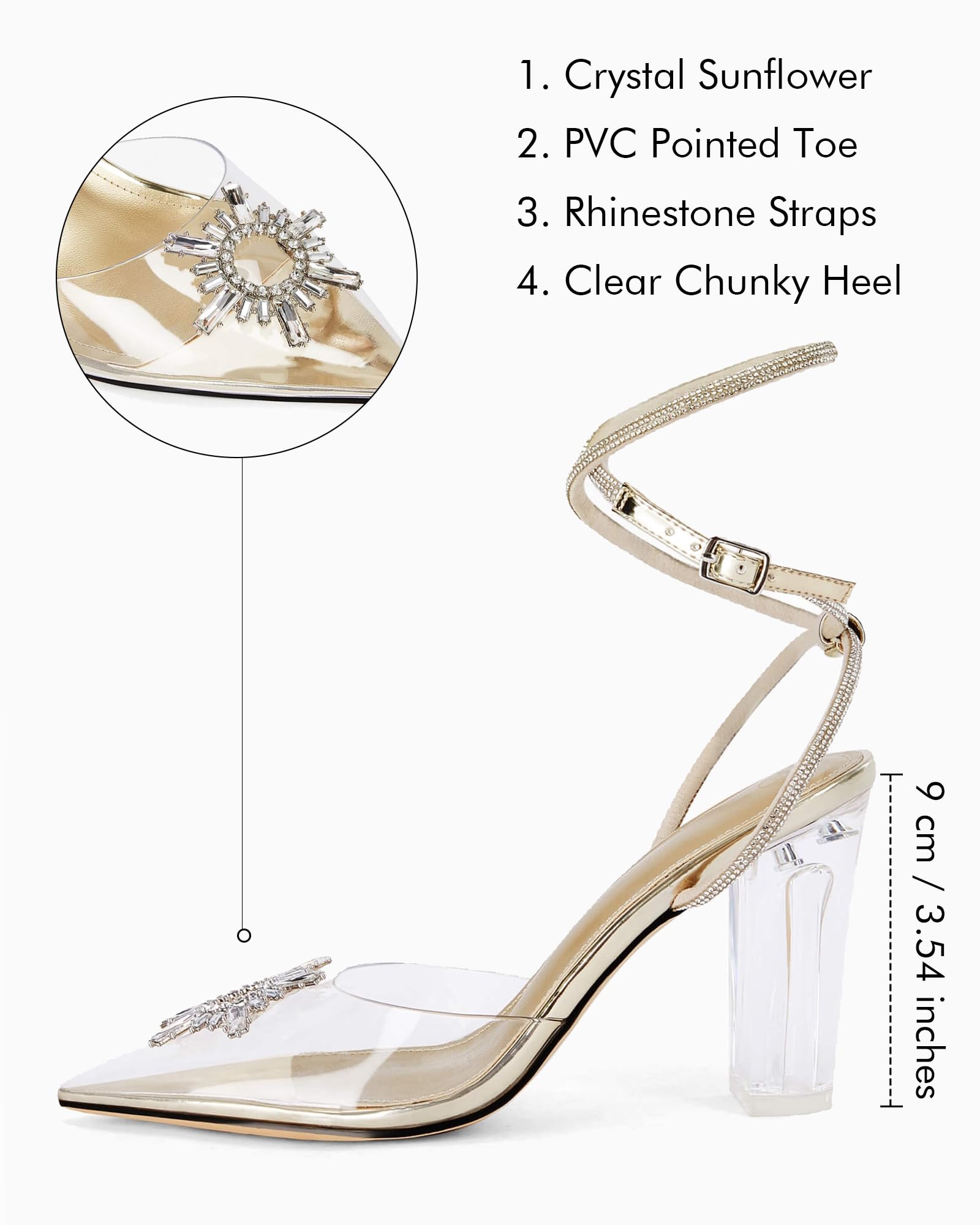 Coutgo Womens Rhinestone Clear Heels Crystal Pointed Toe Chunky High ...