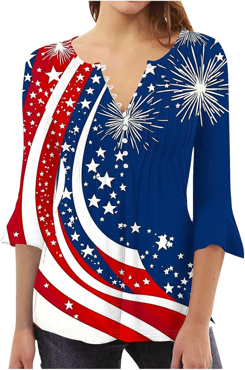 Amazon.com: Womens 3/4 Length Sleeve Tops Patriotic Firework Star Print ...