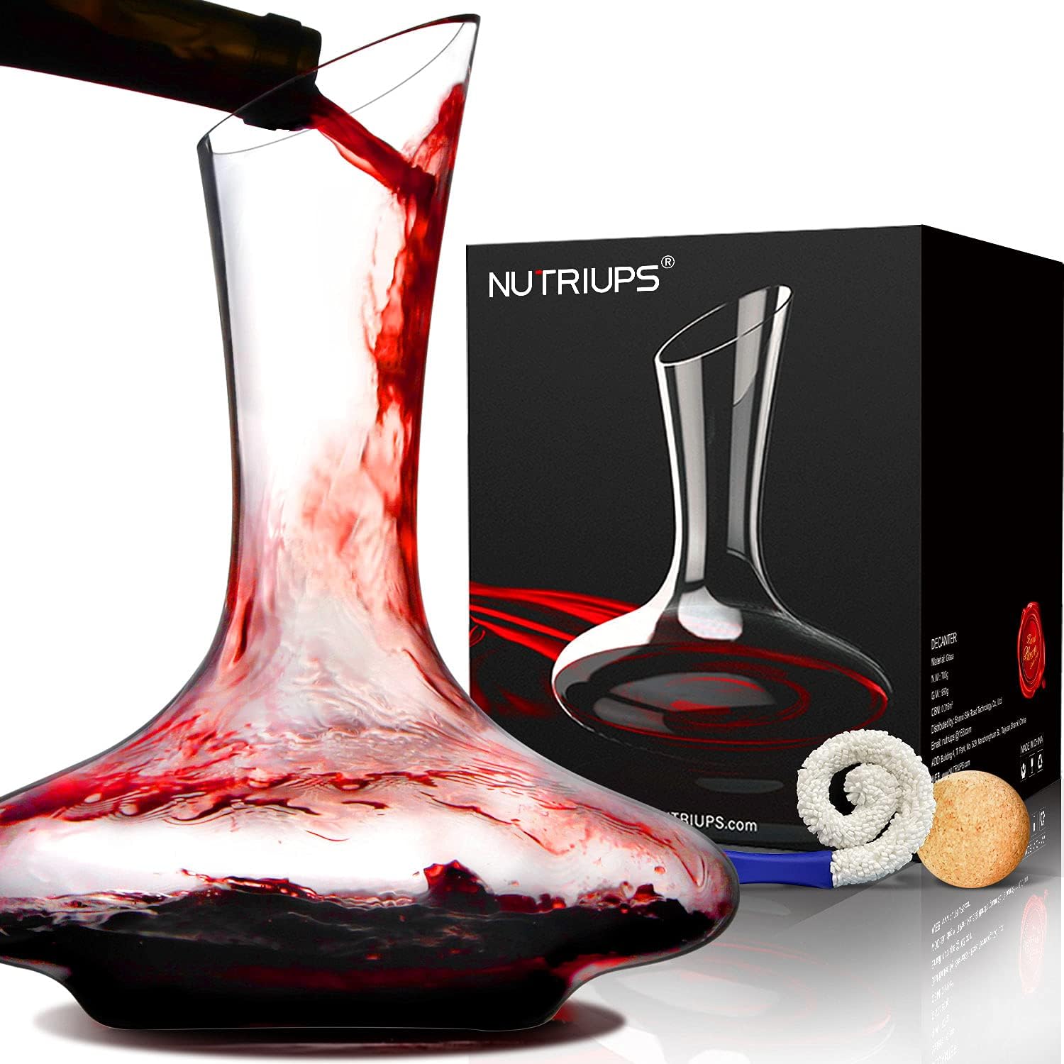 Decanter per Vino con Accessori (Tappo di Sughero + Perlina Pulizia ...
