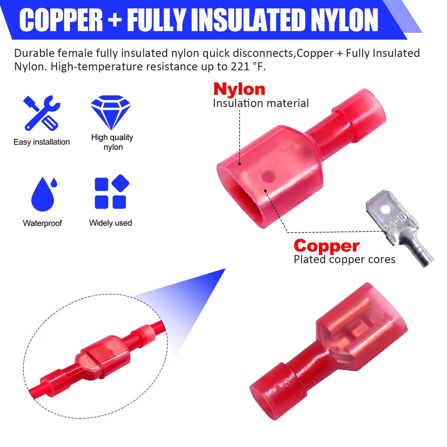 Snapklik.com : 100PCS Nylon Spade Connectors Kit 22-18 Gauge Quick ...