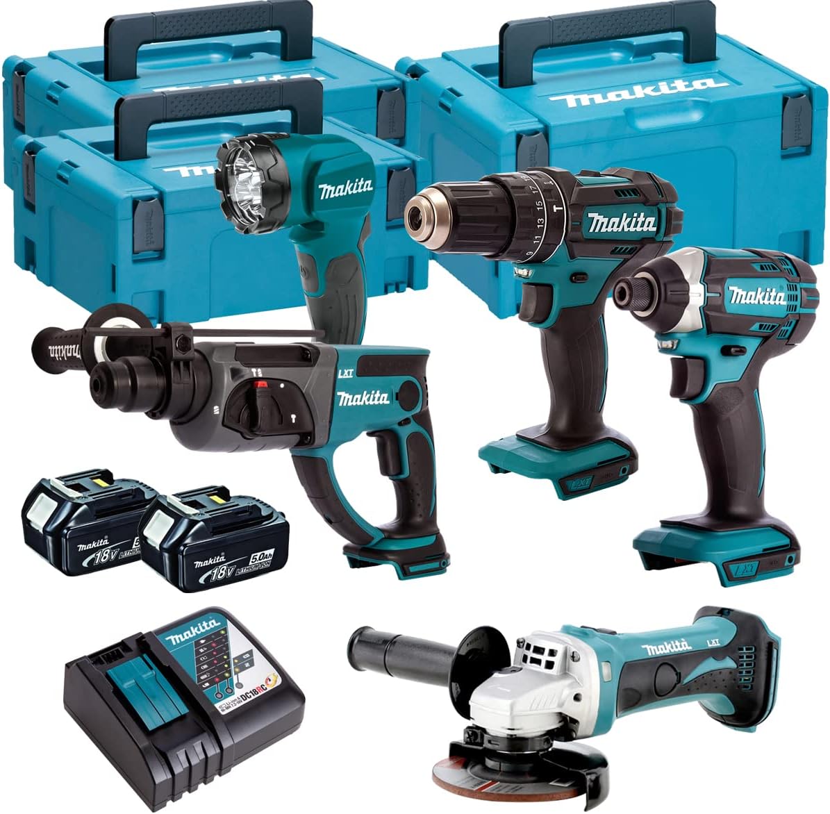 Makita 18V Li-ion 5 Piece Cordless Power Tool Kit - 2 x 5.0Ah Batteries ...