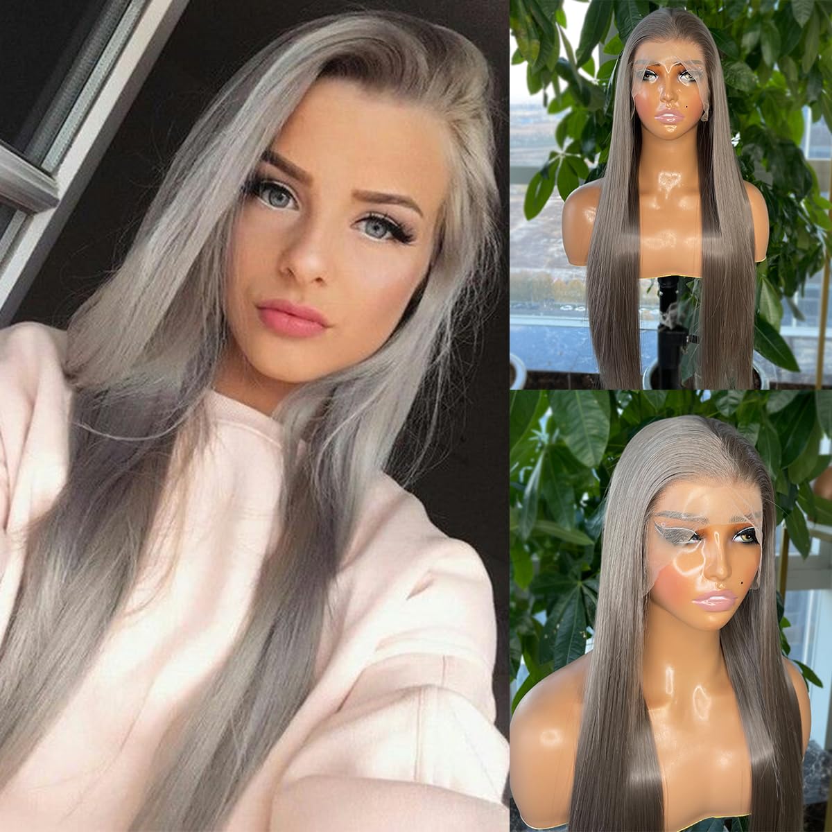 Amazon.com : YYsoo Dark Grey Wig Long Straight Gray 13x4 Synthetic Lace ...