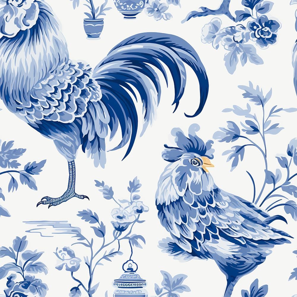 VistaPalette 18"x236" Blue White Vintage Animals Rooster Peel and Stick ...