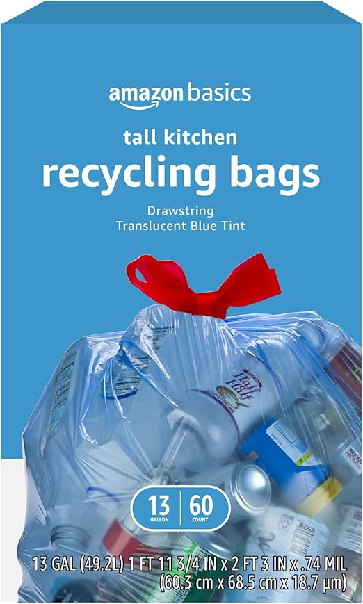 Amazon.com: Amazon Basics Blue Recycling Drawstring Trash Bags, Tall ...