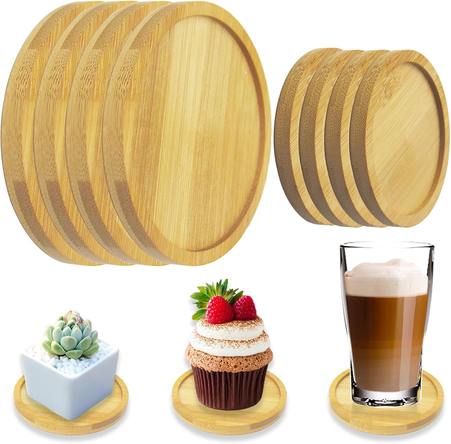 PXBSNB 8 PCS Bamboo Coasters, Round Drinking Cup Coaster Set, Wooden ...