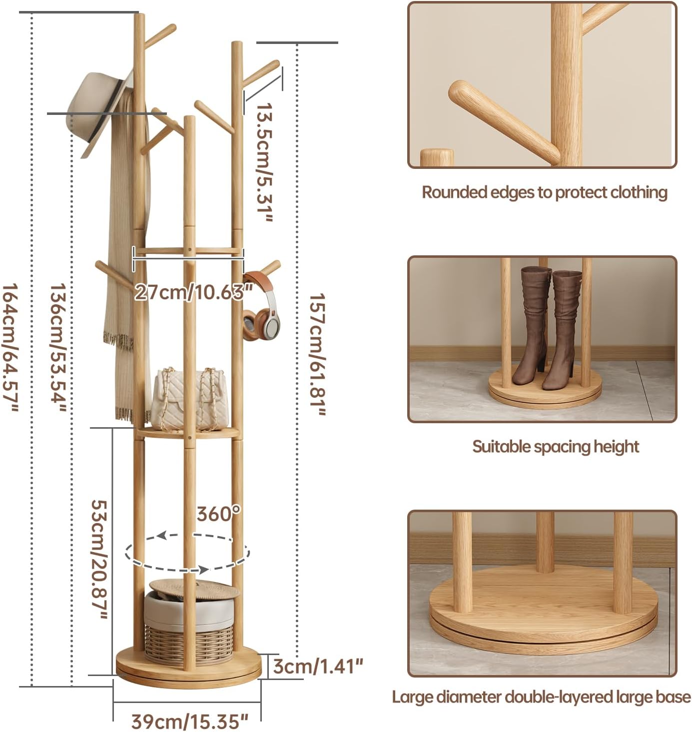 KungFuWood Perchero rotativo, perchero de madera independiente con 3 ...