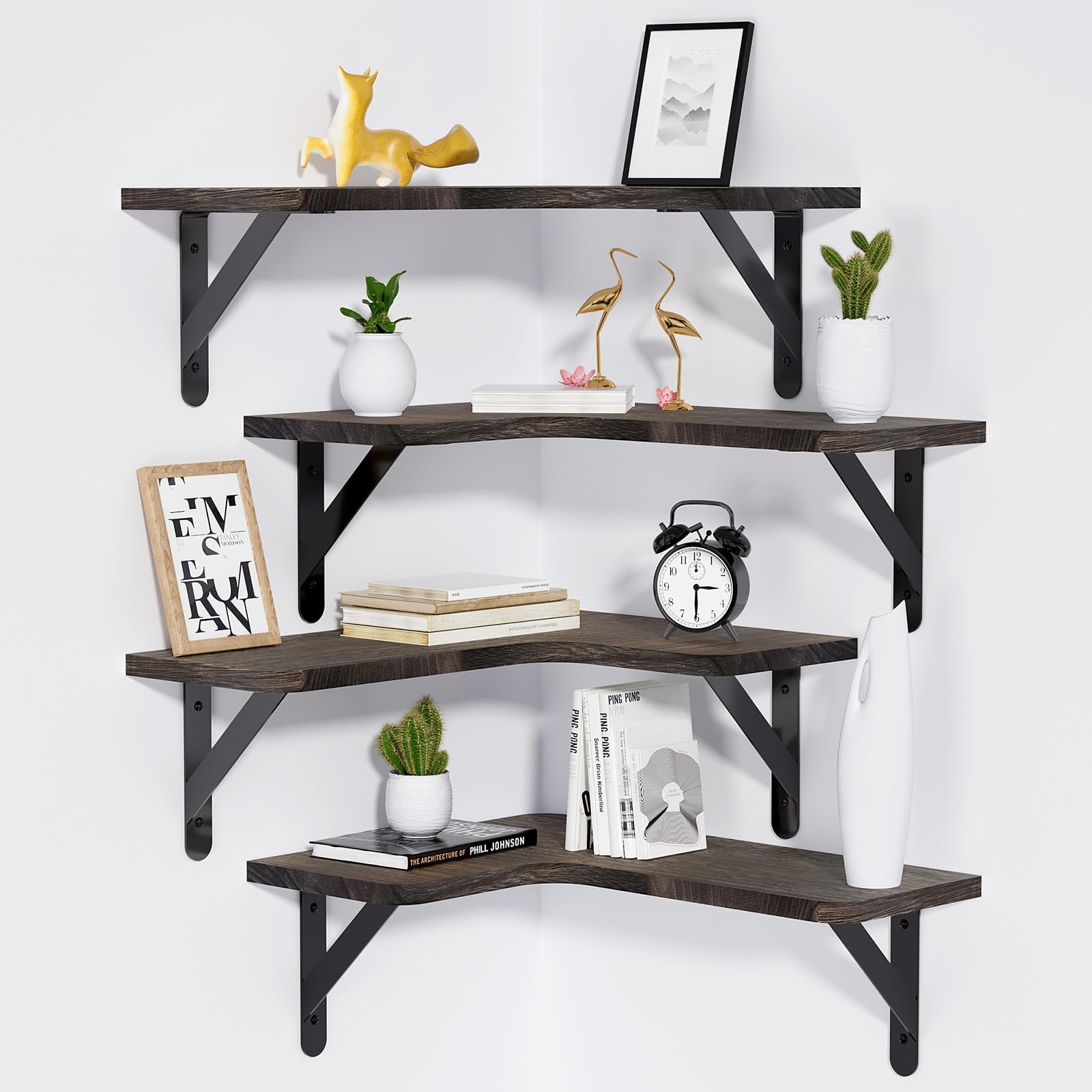 4 Tier Corner Floating Shelves Set of 4, Rustic Pine Wood Corner ...