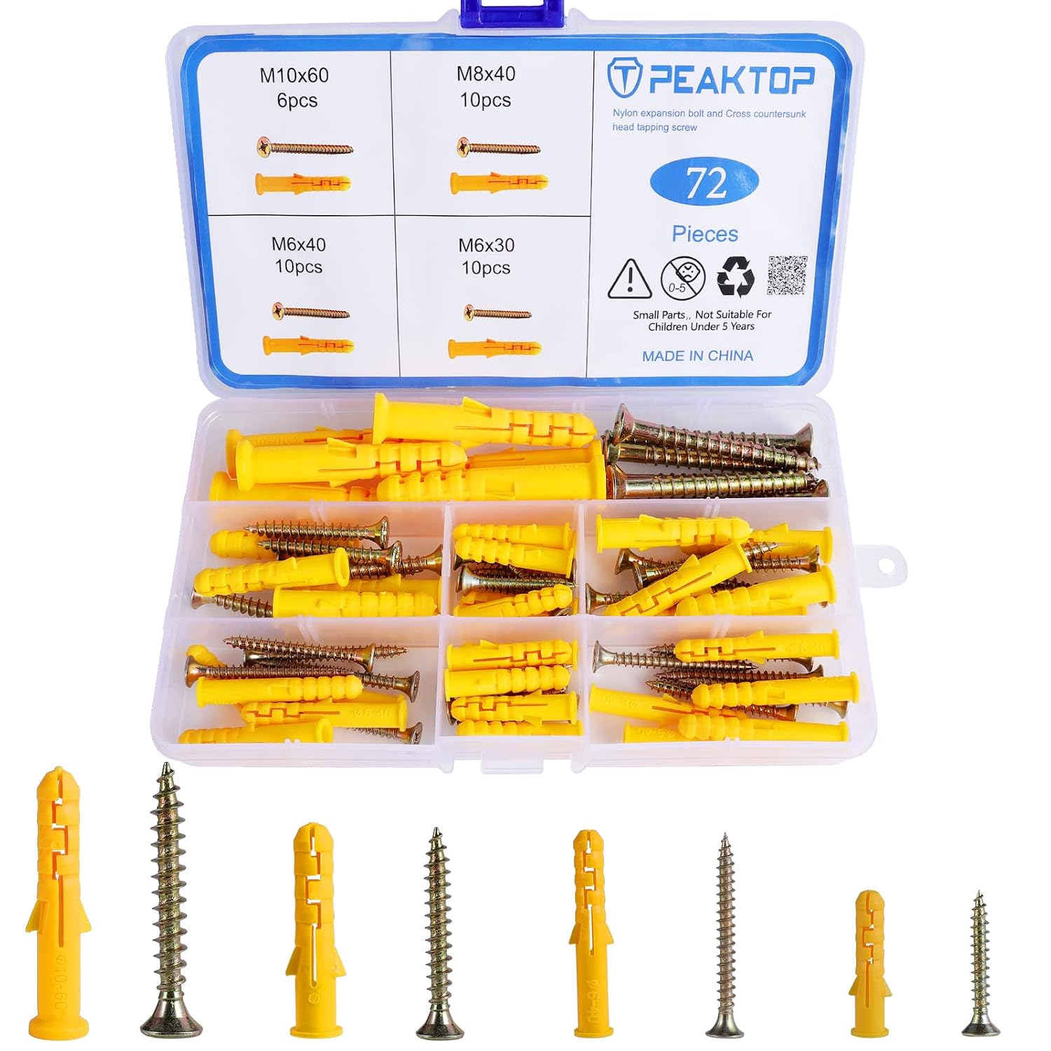 72Pcs Wall Plug Set, M6, M8, M10 Wall Anchors with Screws, 30/40/60mm ...