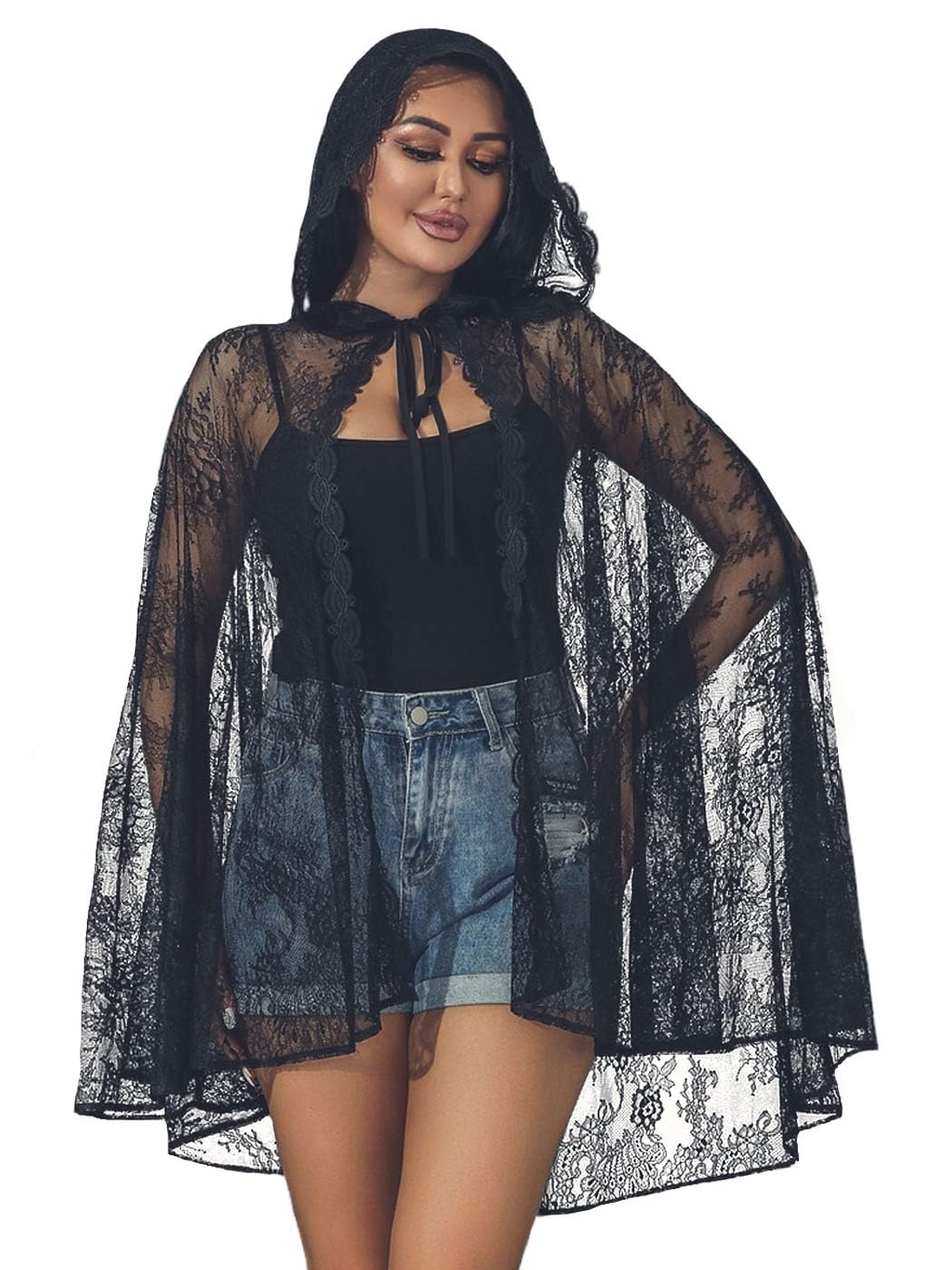 Amazon.com: Aukmla Lace Hooded Cloak Black Short Sheer Cape Halloween ...