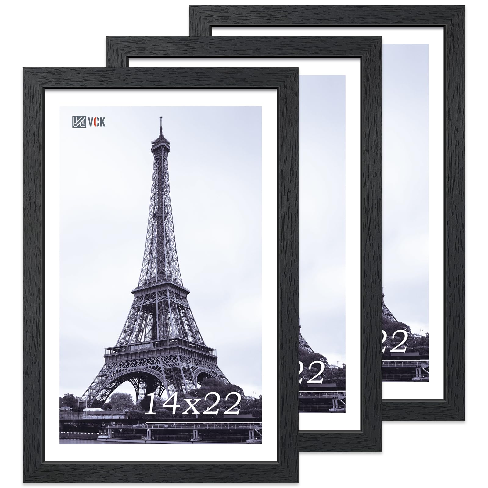 VCK 14x22 Picture Frame Set of 3, Exclusive Black Woodgrain, Solid Wood ...