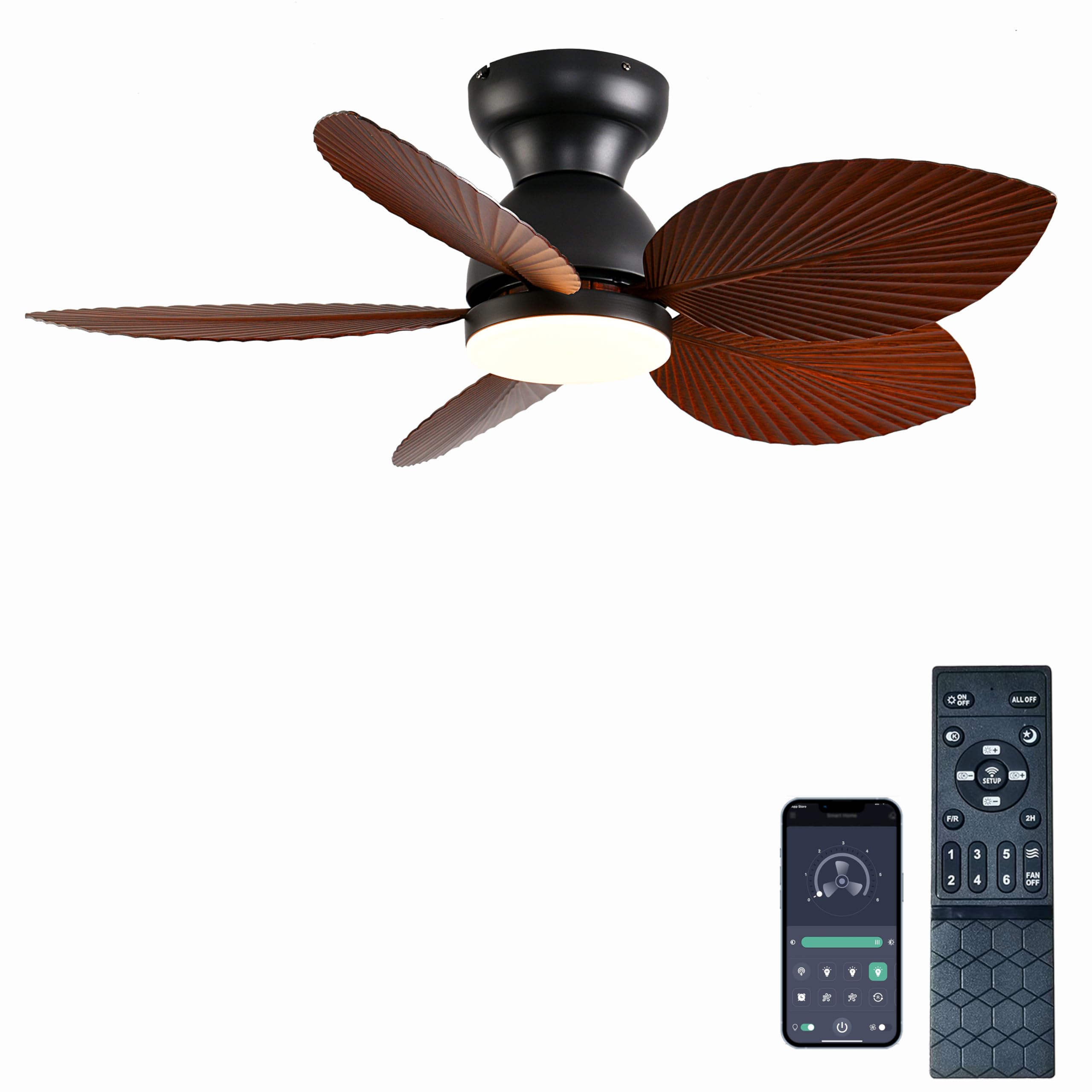 Tropical Ceiling Fans with Light, 38-inch Flush Mount Palm Leaf Ceiling ...