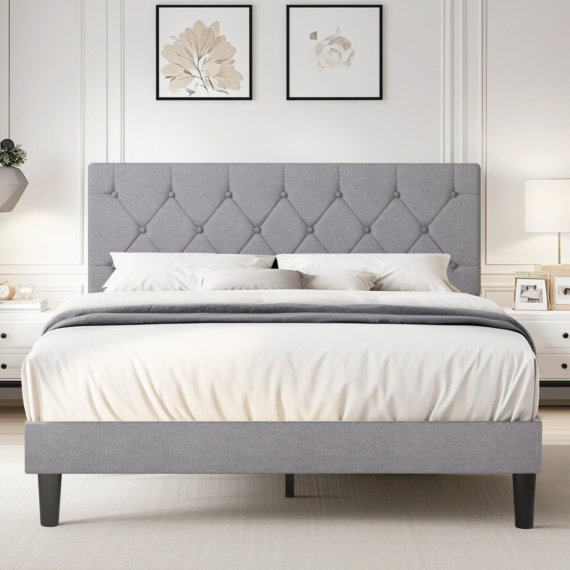 Amazon.com: VECELO Full Bed Frame with Button Tufted Headboard ...