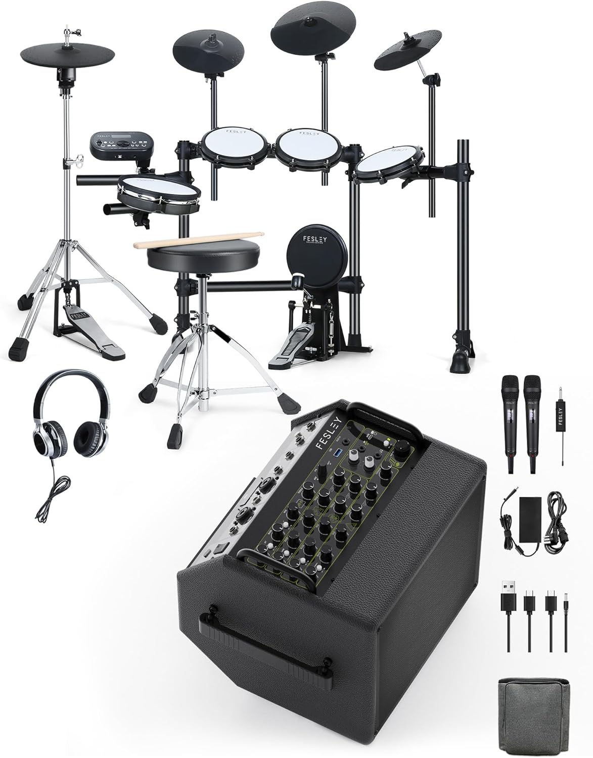 Amazon.com: Fesley FED1000 Electric Drum Set with 240w Multi-Functional ...