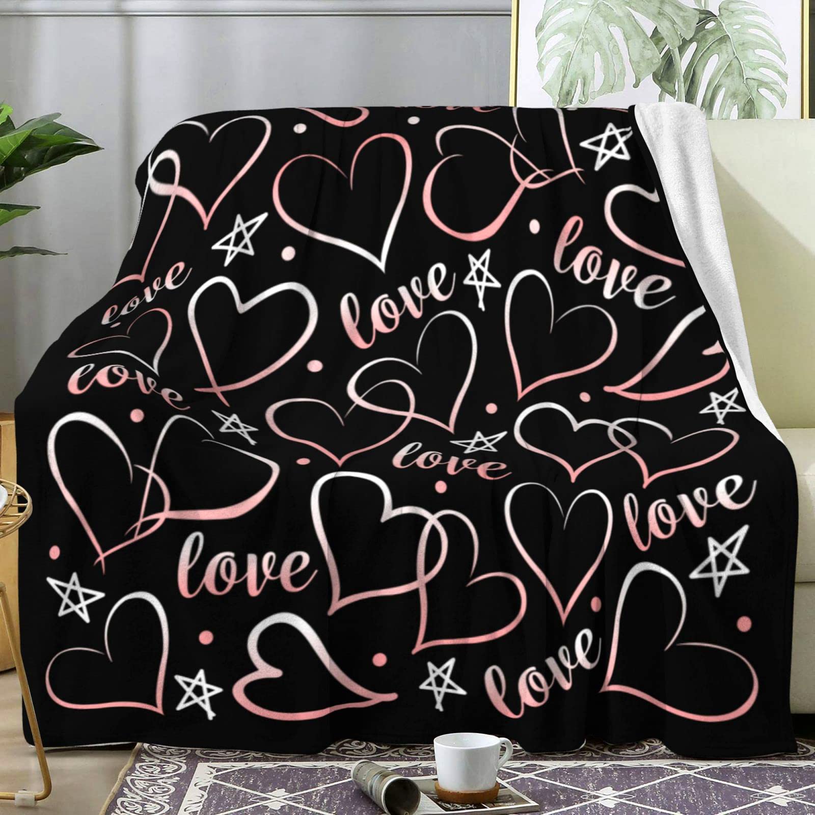 Amazon.com: RUVNSR Pink Heart Blanket Love Theme Print Fleece Flannel ...