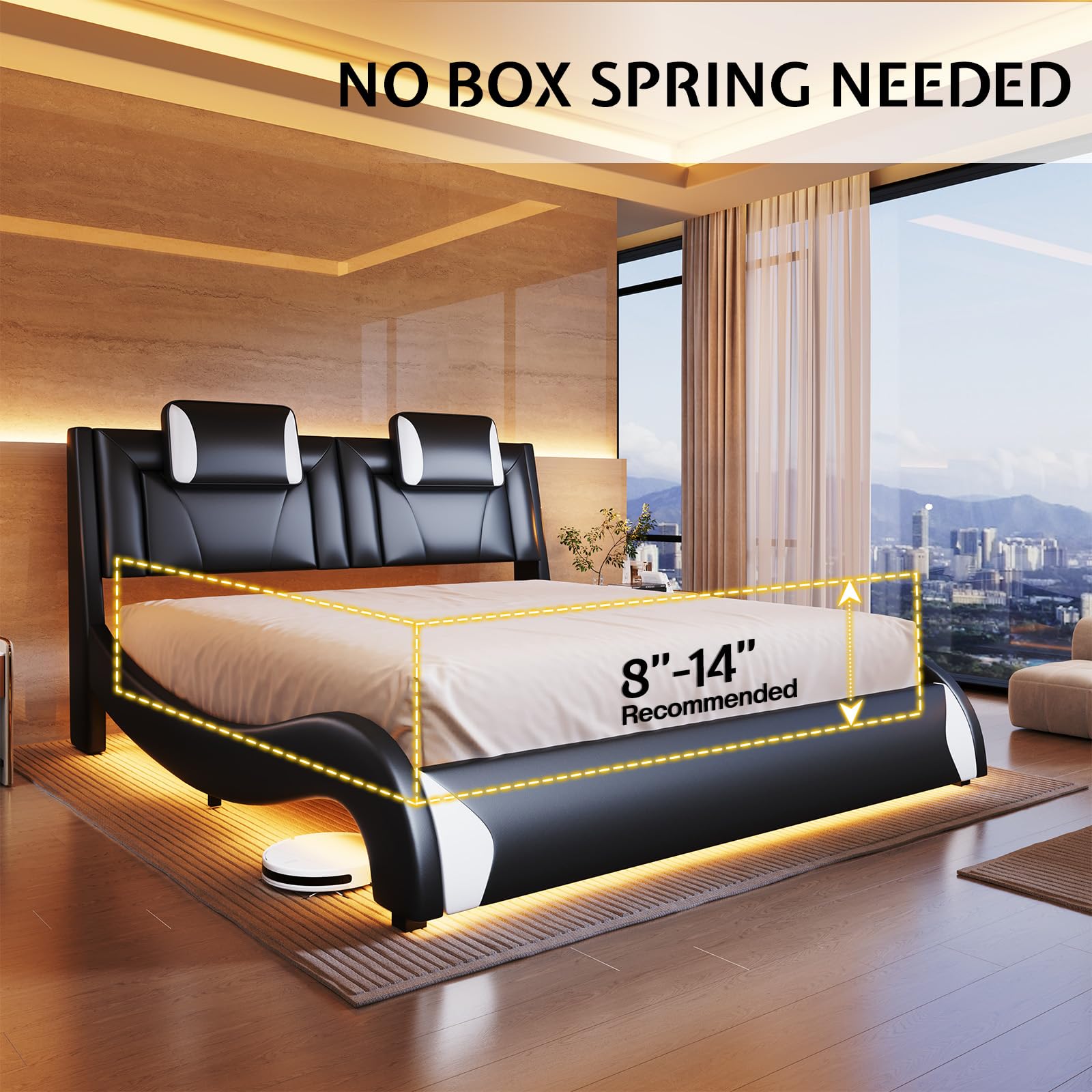 Snapklik.com : LED Full Size Bed Frame, Faux Leather Upholstered Bed ...