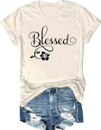 Amazon.com: LEVNSD Blessed T-Shirt for Women Cute Sayings Flower Simple ...