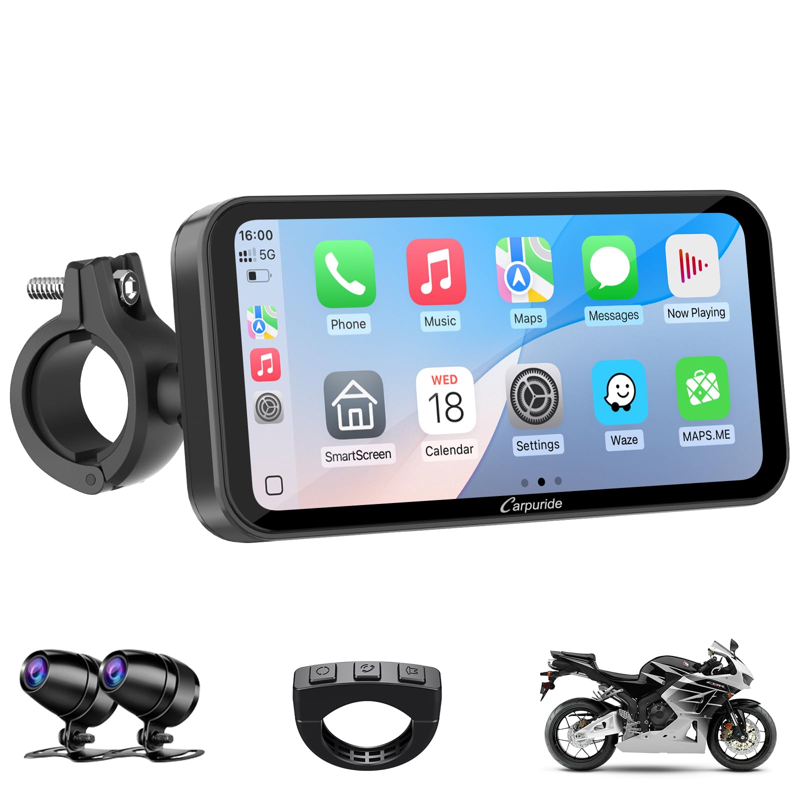 Carpuride W603D, 6,3-Zoll Motorrad-GPS-Carplay-Bildschirm, Kabelloses ...