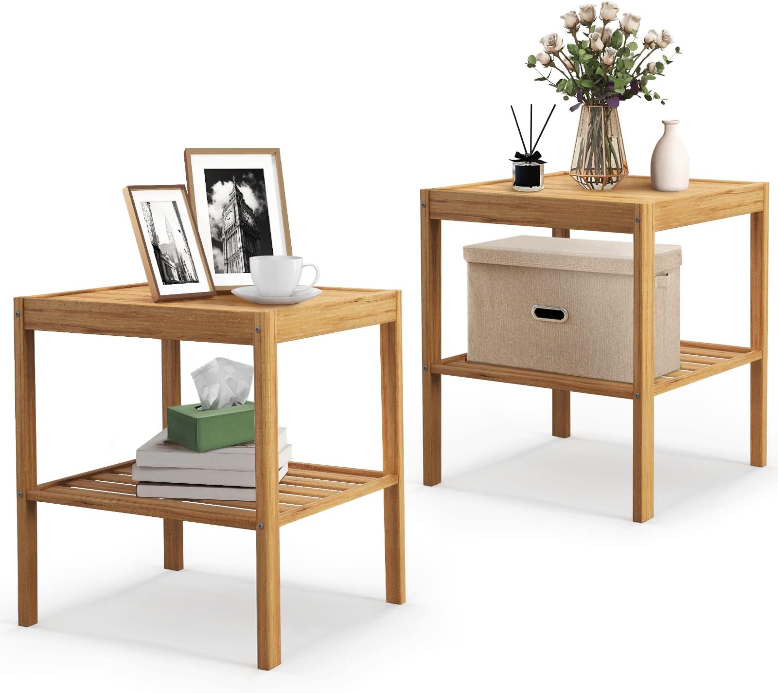 Amazon.com: Tangkula Bamboo Nightstand Set of 2, 2-Tier Side Table w ...