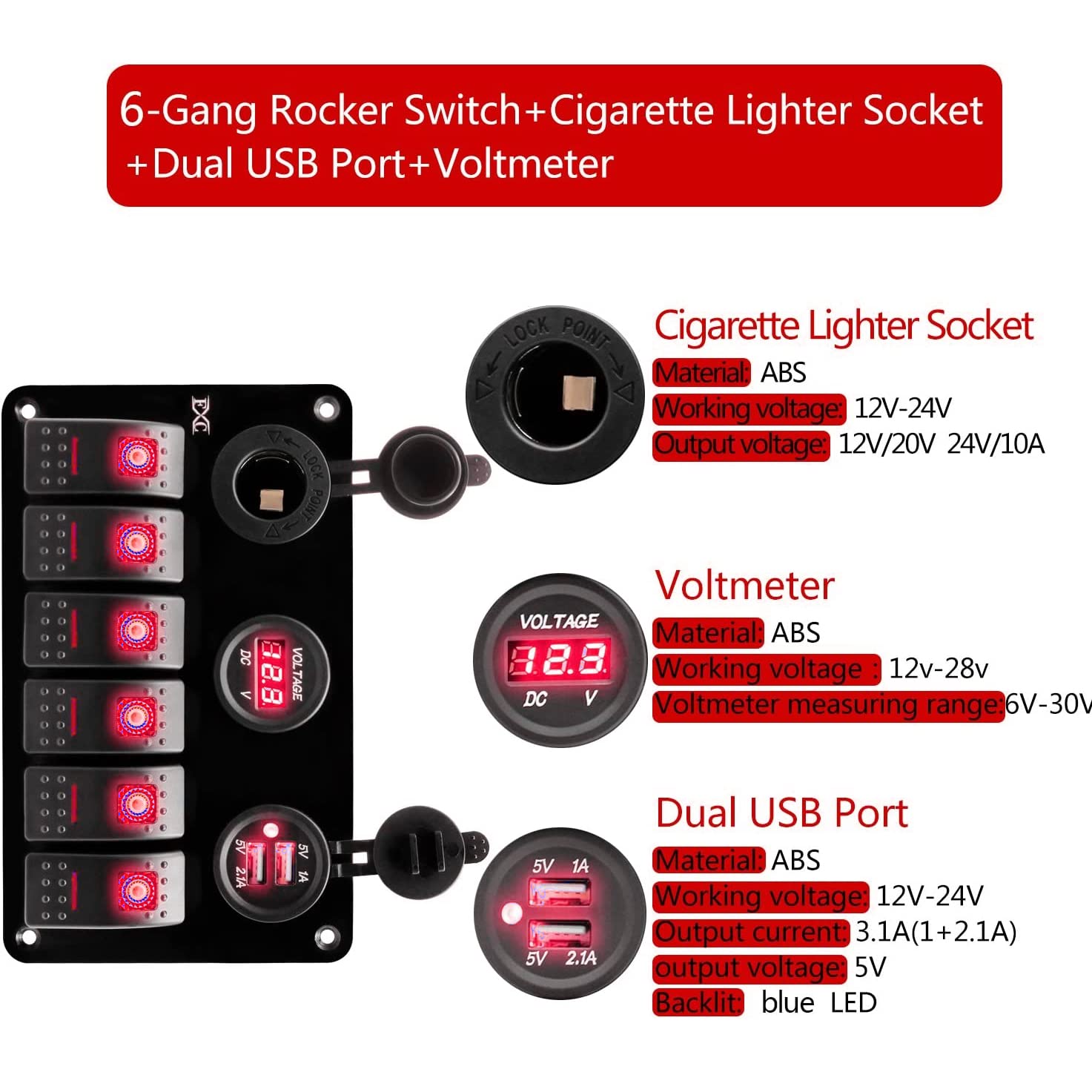 Snapklik.com : FXC 12 Volt Aluminum Marine Boat Rocker Switch Panel ...