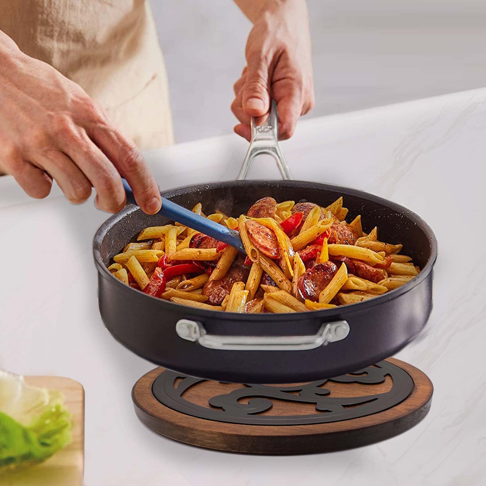 Cast Iron with Wood Trivets Set of 2, Wooden Trivets for Hot Dishes, 8 ...