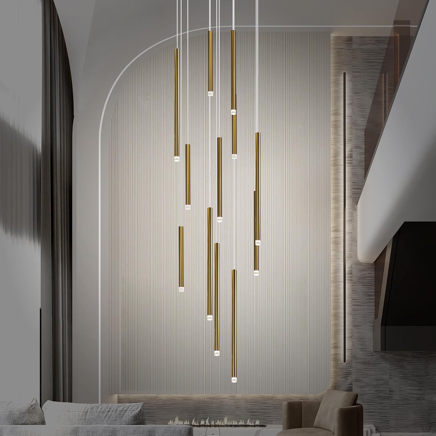 GINSENGLUX 12-Light LED Chandelier Staircase Gold Stainless Steel Strip ...