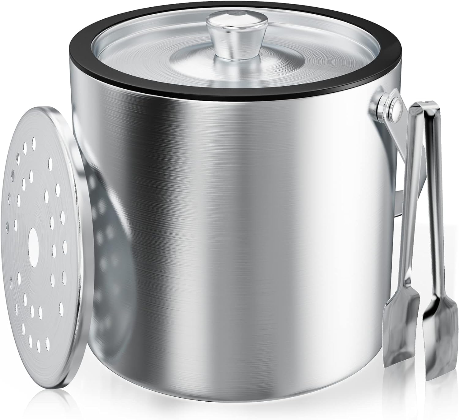 Ice Bucket with Silicone Lid and Tongs &Strainer -3L Double Wall ...