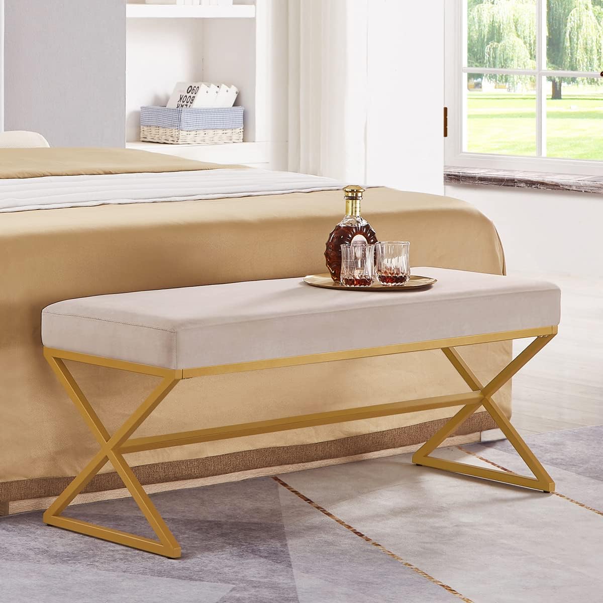 Amazon.com: 24KF Velvet Upholstered Entryway Bench with Metal Leg ...