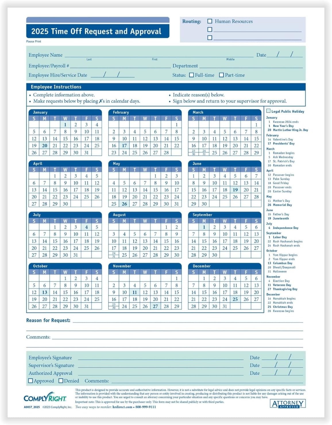 Amazon.com : ComplyRight 2025 Time Off Request and Approval Calendar ...