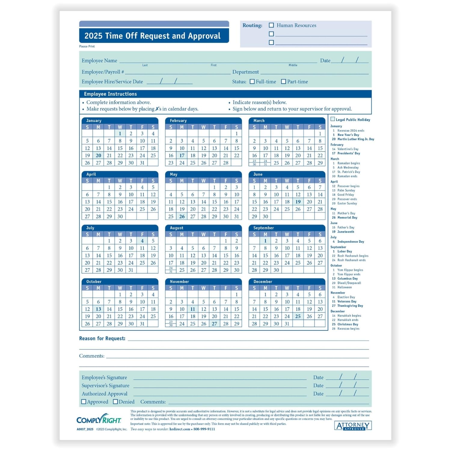 Amazon.com : ComplyRight 2025 Time Off Request and Approval Calendar, Pack of 50 : Office Products