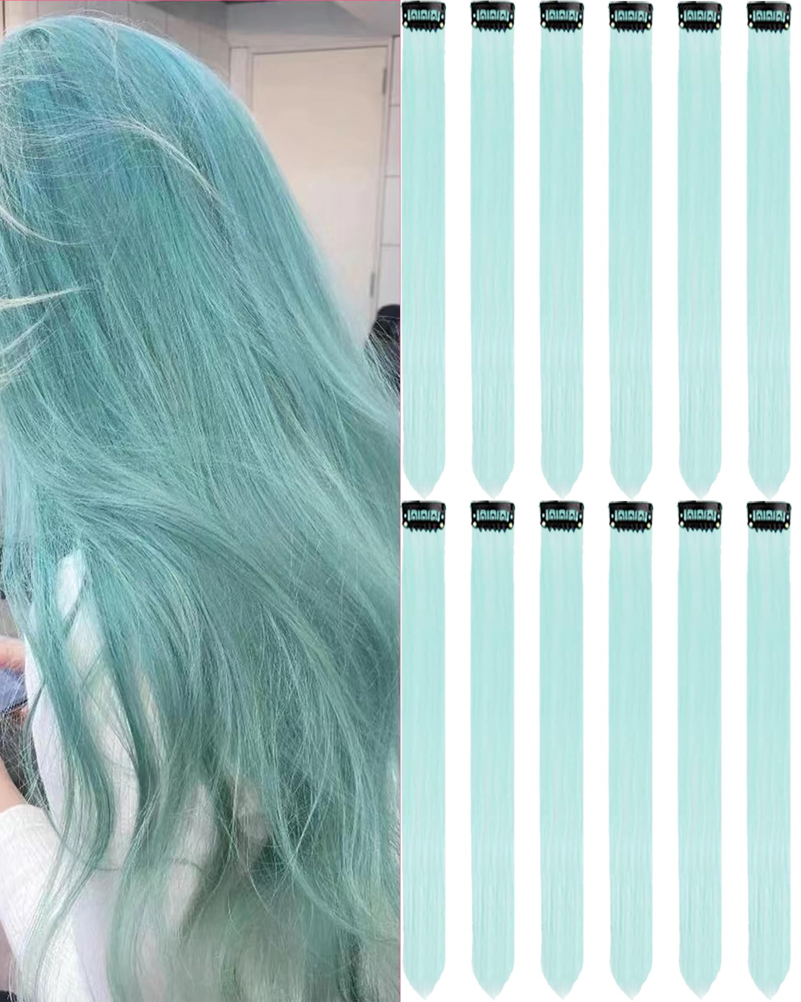 Amazon.com : Olldag 12 PCS Teal Hair Extensions Clip in, 20-inch ...