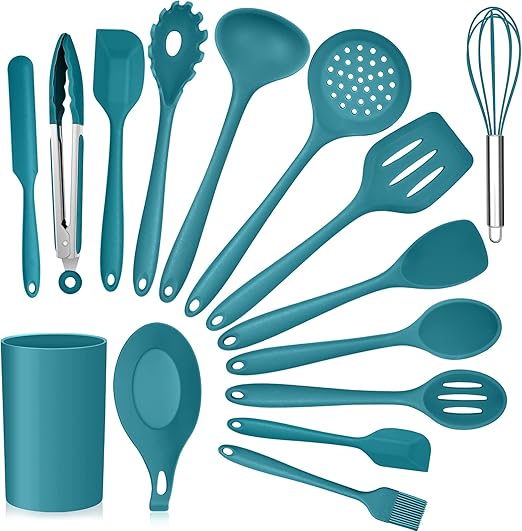 Amazon.com: Teal Blue Kitchen Utensils Set, E-far 15-Piece Silicone ...