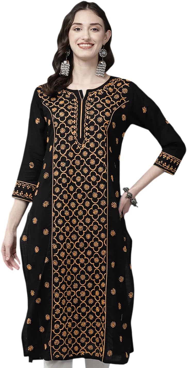 Ada Indian Hand Embroidered Chikankari Black Cotton Tunic Kurta Kurti ...