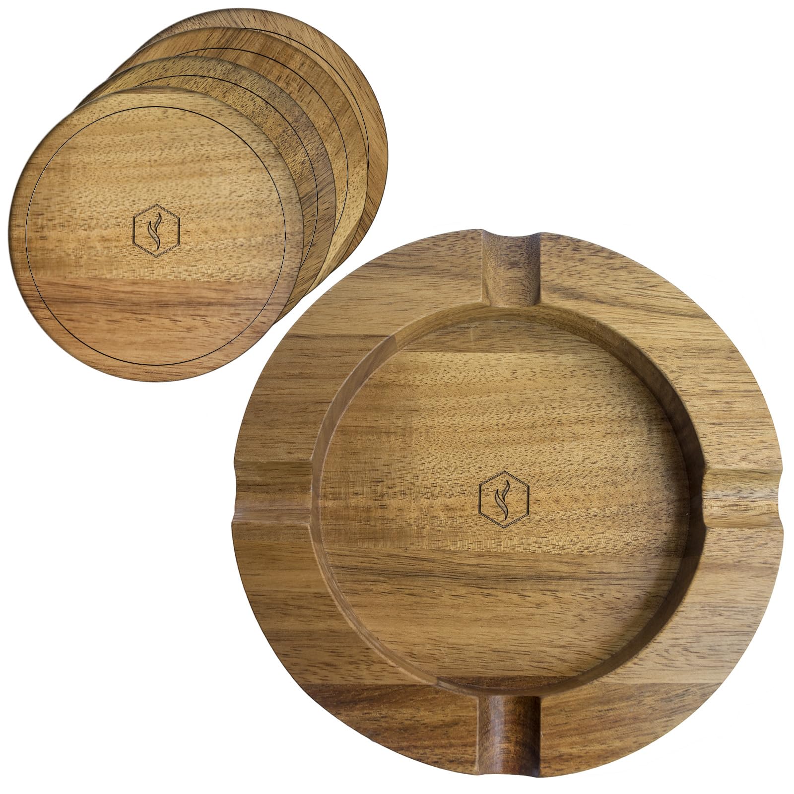 Cigar Ashtray & Coasters Set in Acacia Wood (4 Coasters for Drinks ...