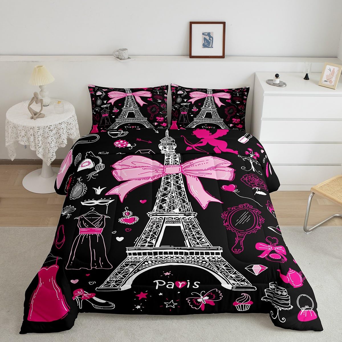 Amazon.com: Eiffel Tower Bedding Heart Decor,City Building of Paris ...
