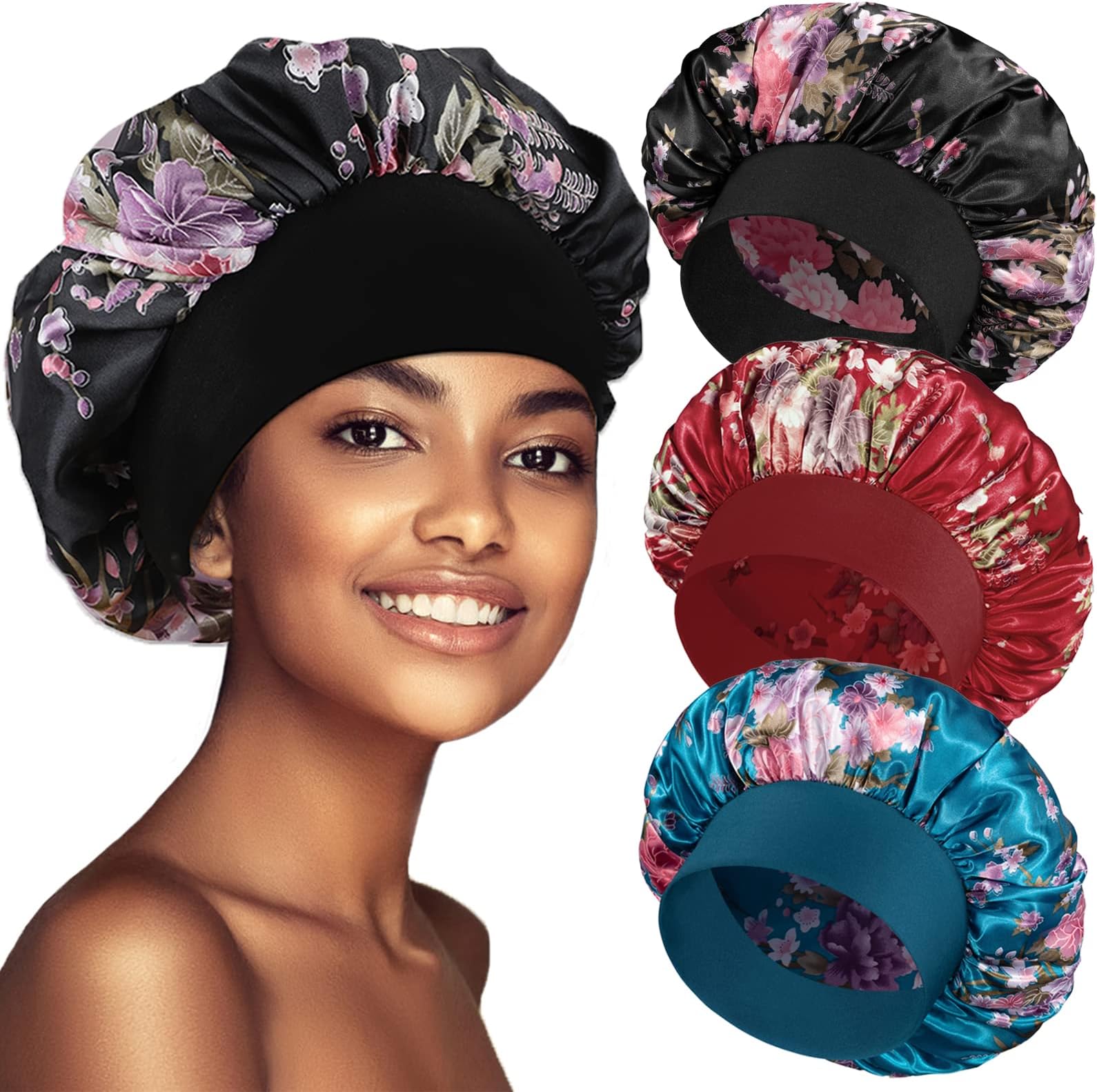 Amazon.com : 3 Pack Satin Bonnet Silk Bonnet for Sleeping, Bonnets for ...
