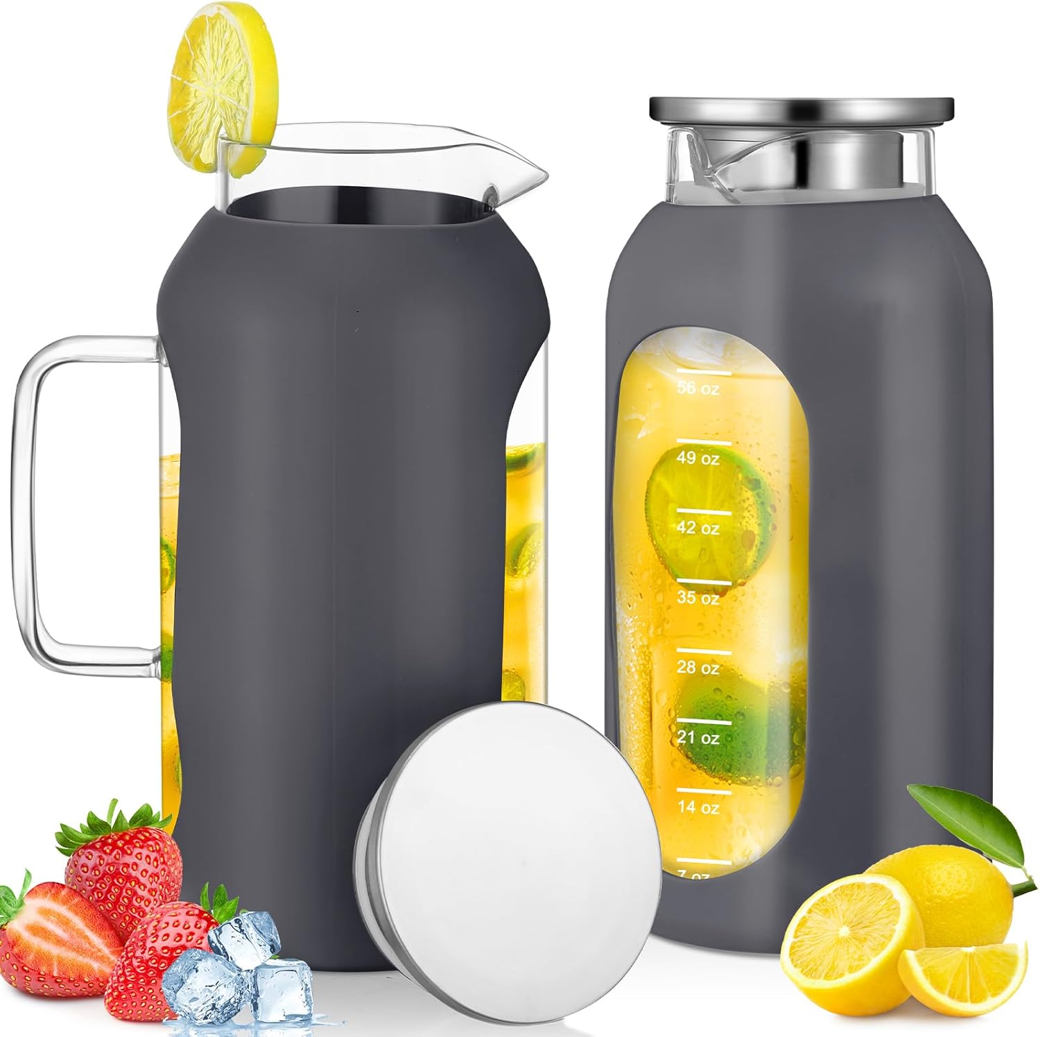 Amazon.com: Dandat 2 Pcs 64 oz Glass Pitcher with Lid and Spout Juice ...