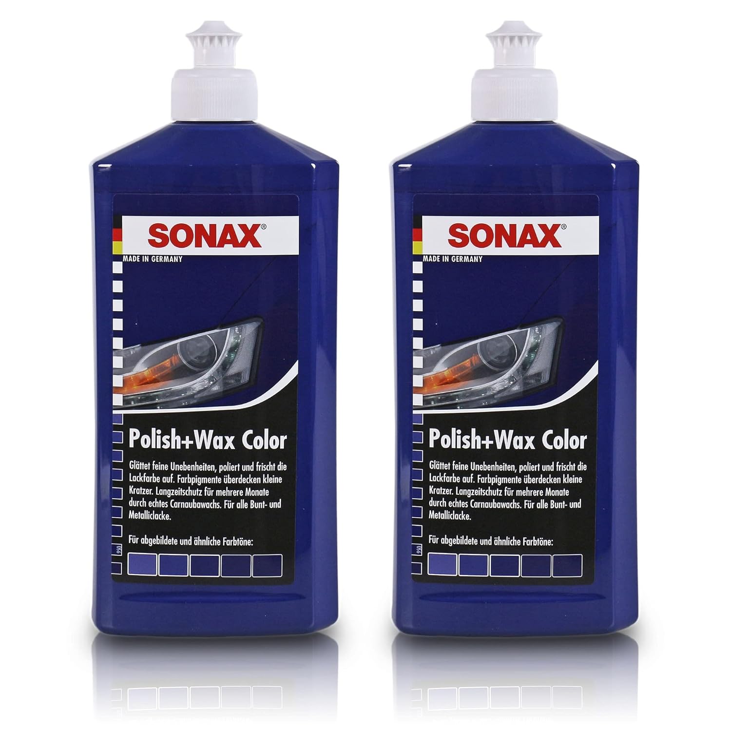 2x 500ml SONAX POLISH & WAX COLOR BLAU AUTOPOLITUR LACK AUTO POLITUR ...