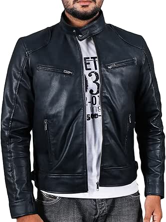 Men's Leather Jacket Fashion Full Zip Up Long Sleeve Autumn Stand ...