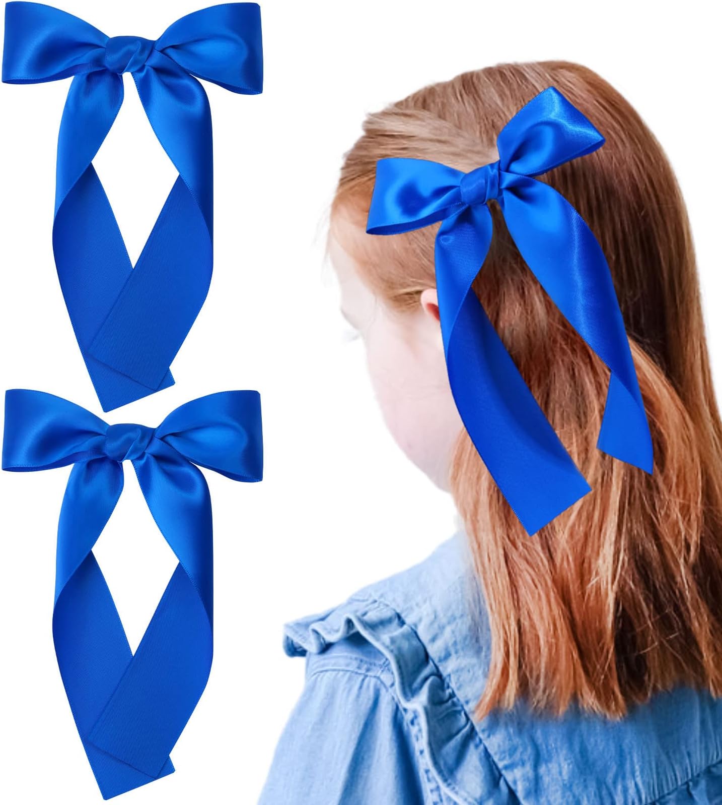 Amazon.com : 2Pcs Long Ribbon Hair Bows for Girls Hair Clip Silk Hair ...