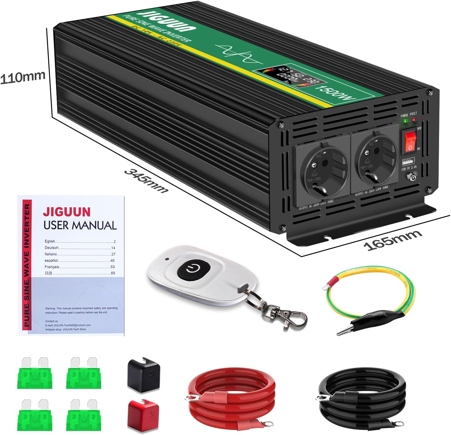 JIGUUN 1500W 12V to 220V Pure Sine Wave Power Inverter User Manual