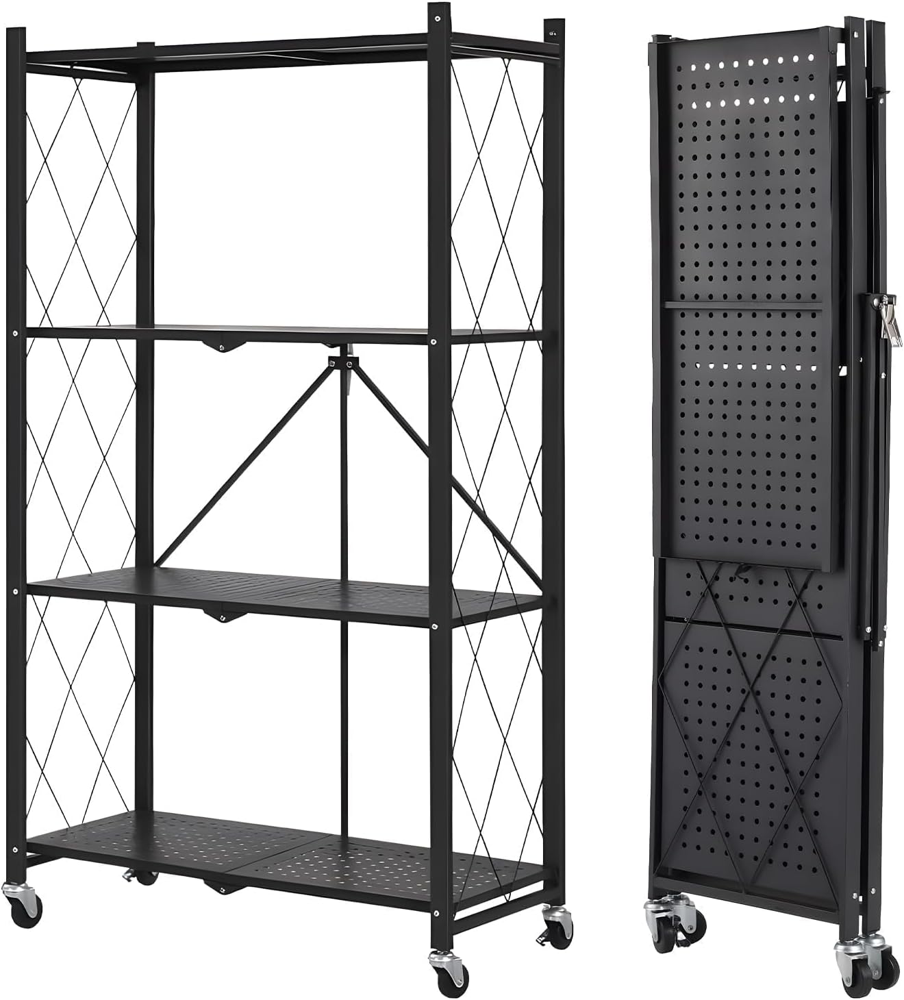 4-Shelf Foldable Storage Shelves with Wheels, Large Capacity Shelving ...
