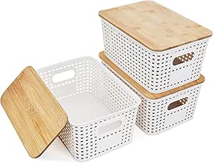 APOMOONS 3 Pack Storage Box with Bamboo Lid Bathroom 5L Basket Plastic ...