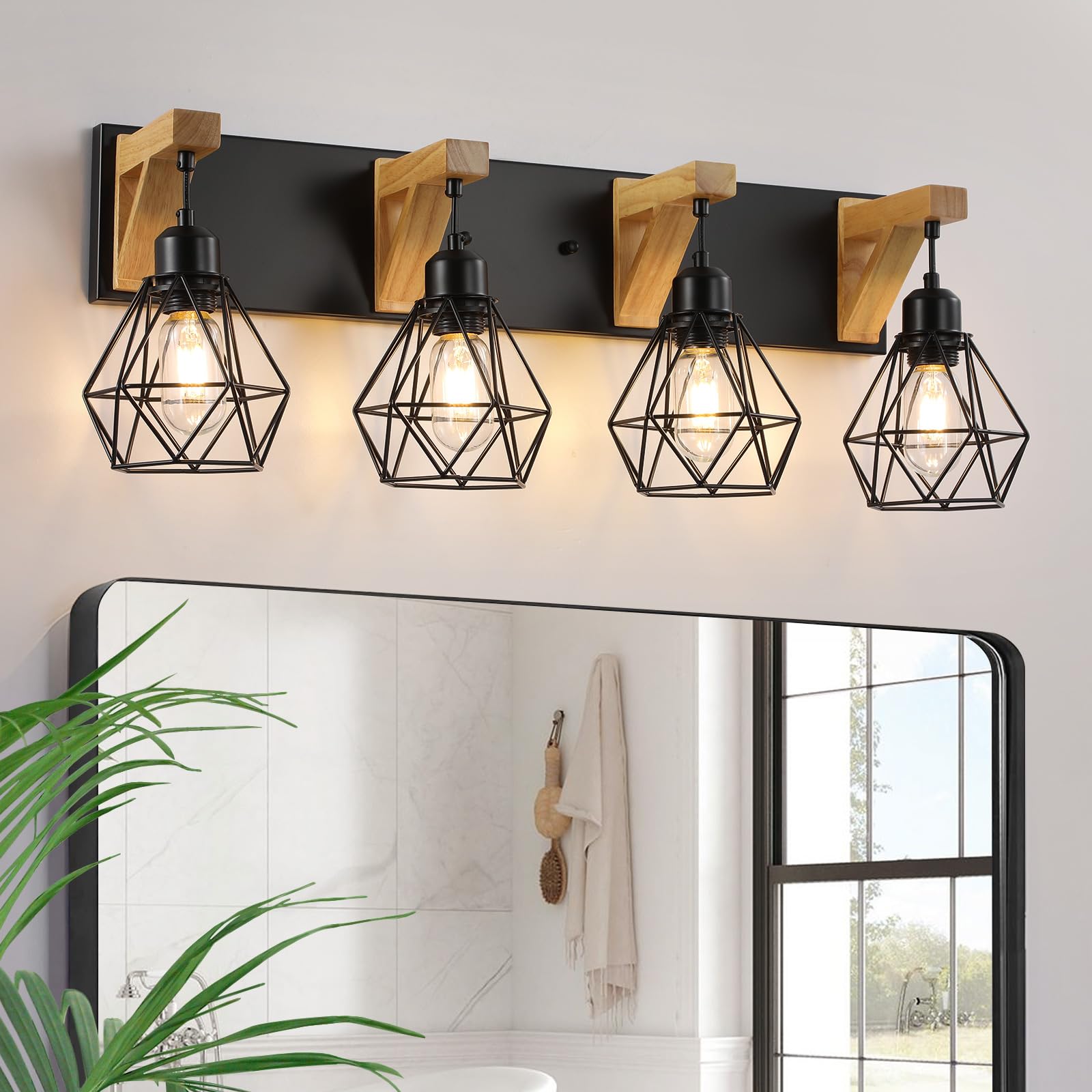 4-Light Farmhouse Bathroom Vanity Light Fixtures, Wood Bathroom Light ...