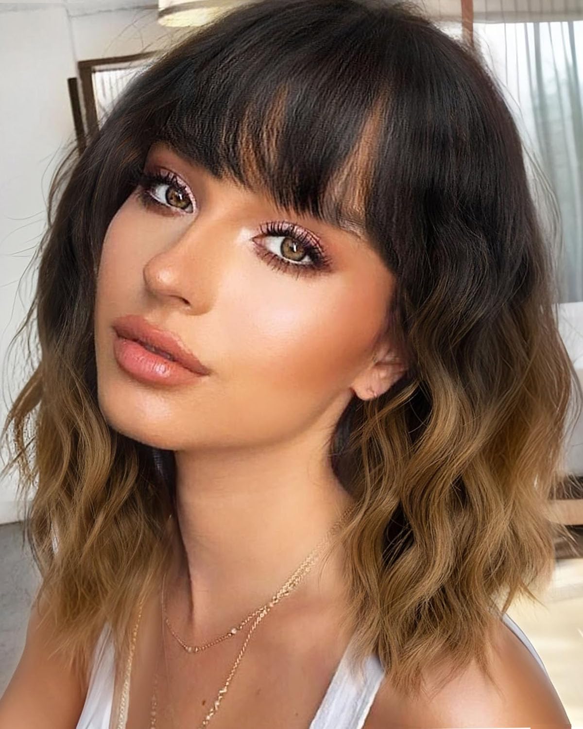 Amazon.com : ENTRANCED STYLES Wavy Bob Wigs with Bangs for Women Black ...