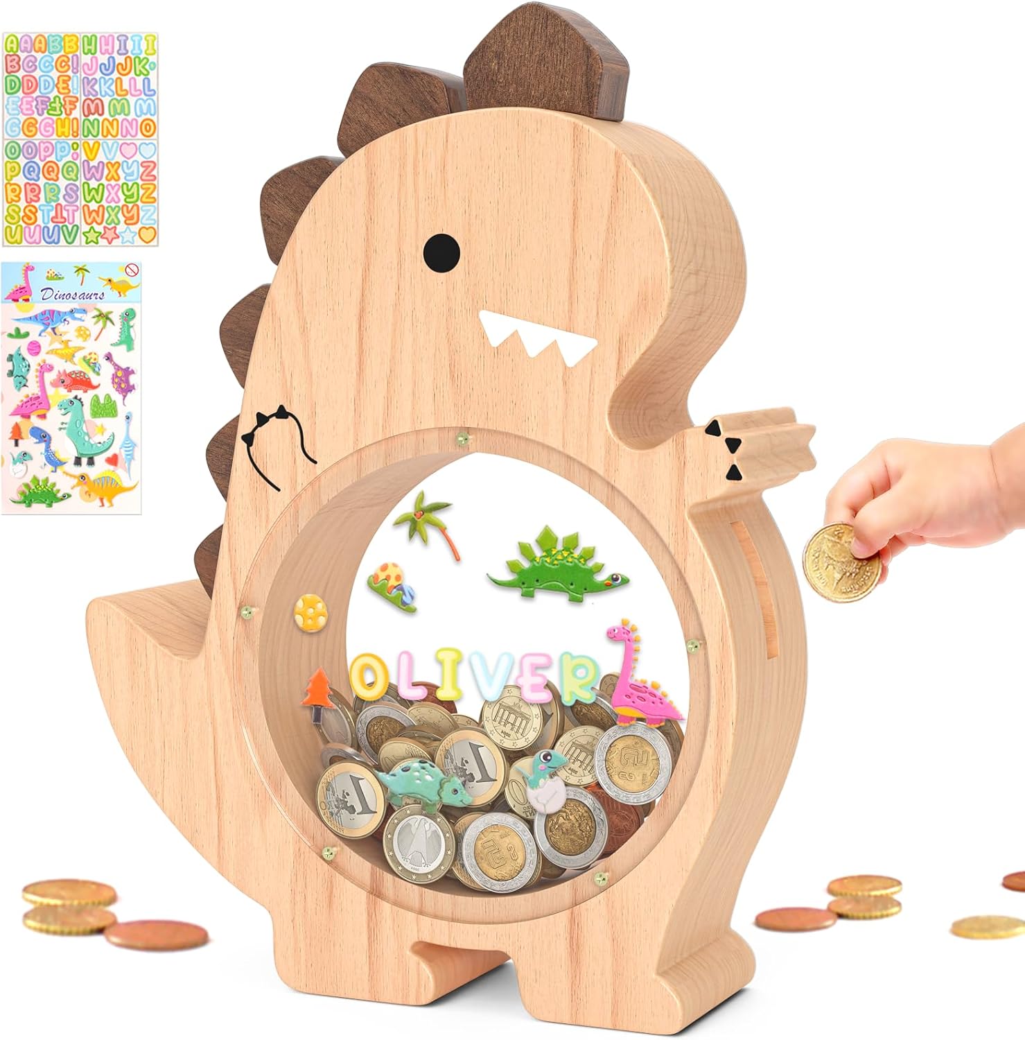 Amazon.com : Summidate Wooden Dinosaur Piggy Bank for Kids Boys, Cute ...