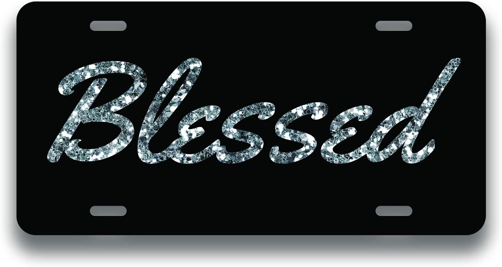 Amazon.com: Blessed Logo Car Tag Diamond Etched on Black Aluminum ...