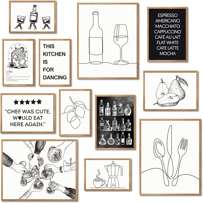 Amazon.com: Kitchen Wall Art Prints Set of 12,Line Drawing Kitchen Wall ...